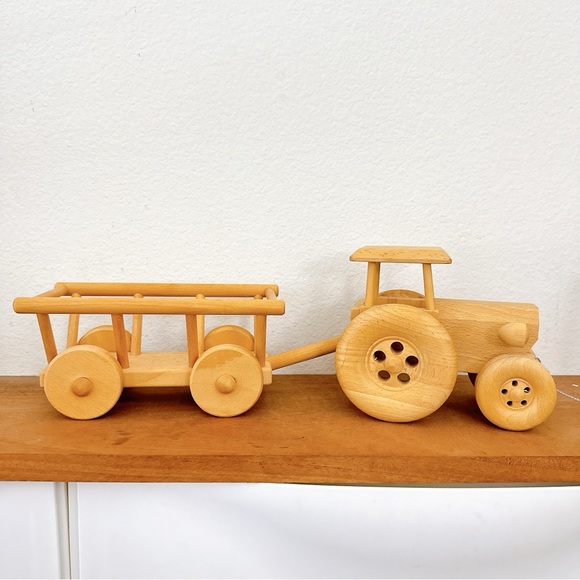Toys | Wooden Tractor With Hay Trailer Moveable Wheels Pretend Play Toy ...